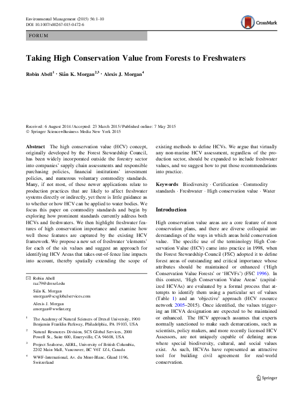 (PDF) Taking High Conservation Value from Forests to Freshwaters