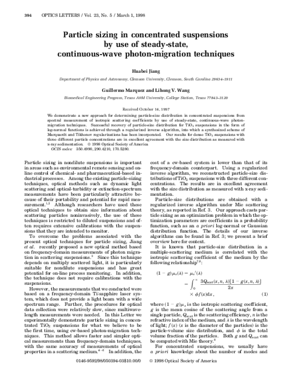 (PDF) Particle sizing in concentrated suspensions by use of steady-state, continuous-wave photon ...