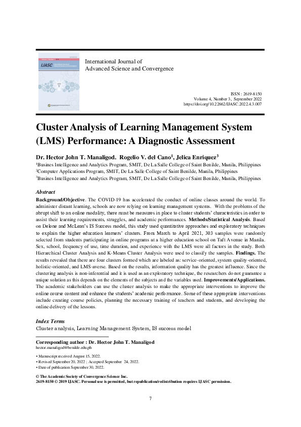 (PDF) Cluster Analysis of Learning Management System (LMS) Performance : A Diagnostic Assessment ...