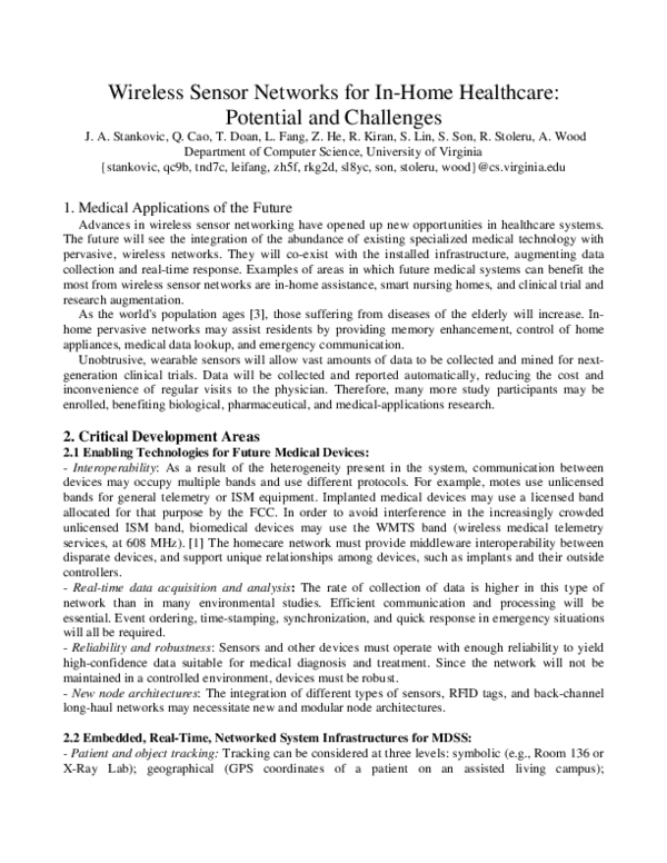 (PDF) Wireless sensor networks for in-home healthcare: Potential and challenges