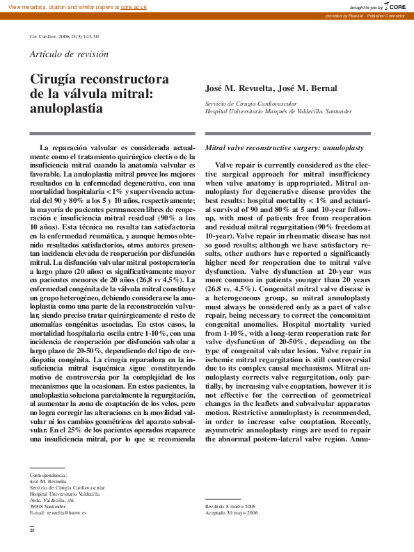 (PDF) Cirugía reconstructora de la válvula mitral: anuloplastia