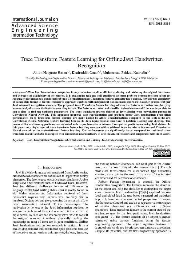 (PDF) Trace Transform Feature Learning for Offline Jawi Handwritten Recognition