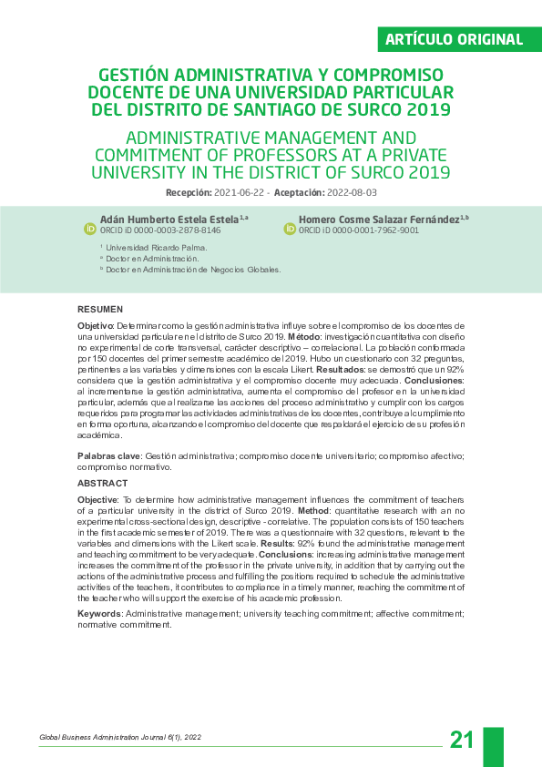 (PDF) Gestión administrativa y compromiso docente de una universidad particular del distrito de ...