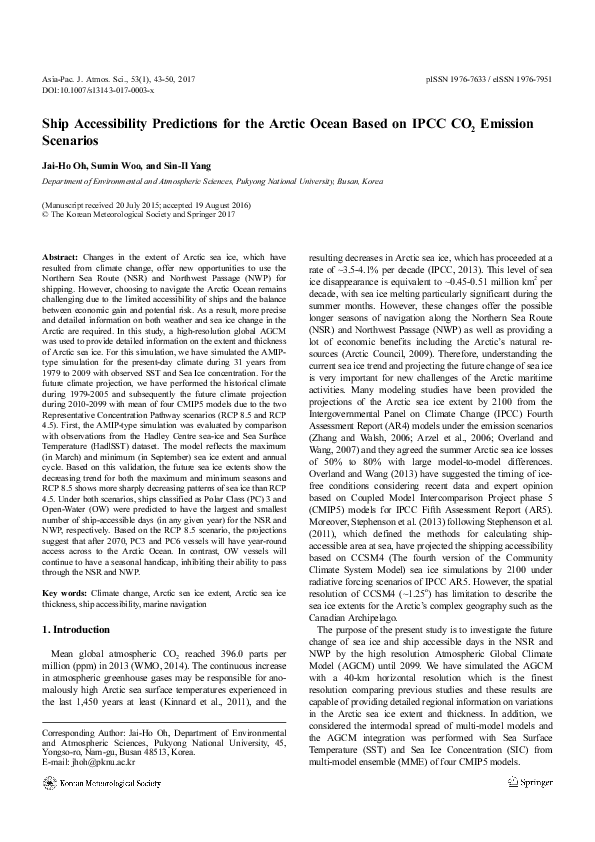 (PDF) Ship accessibility predictions for the Arctic Ocean based on IPCC CO2 emission scenarios