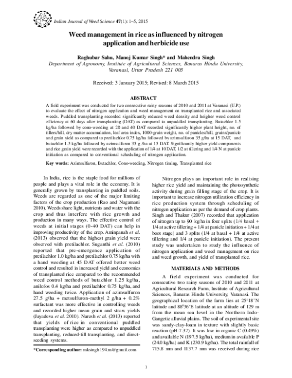 (PDF) Weed management in rice as influenced by nitrogen application and ...