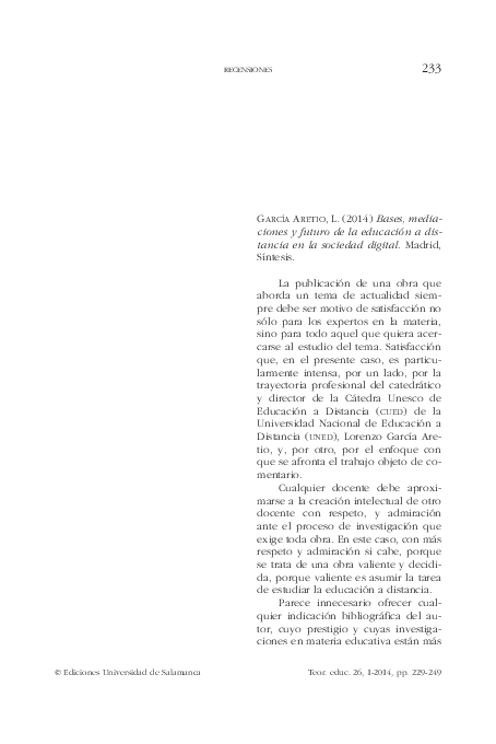 (PDF) GARCÍA ARETIO, L. (2014) Bases, mediaciones y futuro de la educación a distancia en la ...
