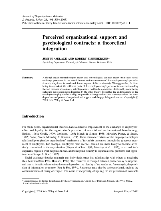 (PDF) Perceived organizational support and psychological contracts: a ...