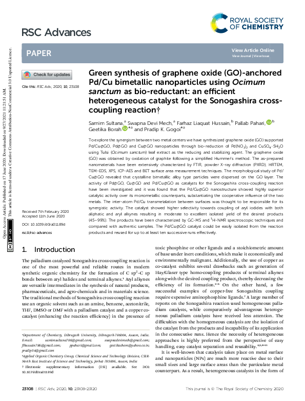 (PDF) Green synthesis of graphene oxide (GO)-anchored Pd/Cu bimetallic nanoparticles using ...