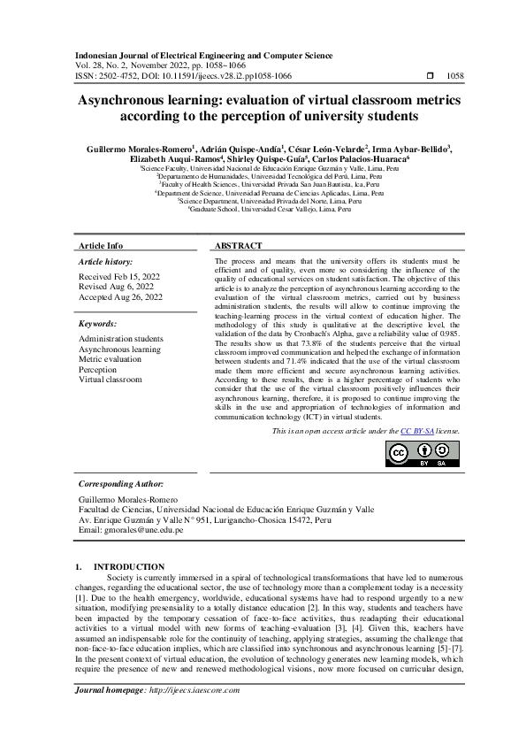 Pdf Asynchronous Learning Evaluation Of Virtual Classroom Metrics According To The Perception