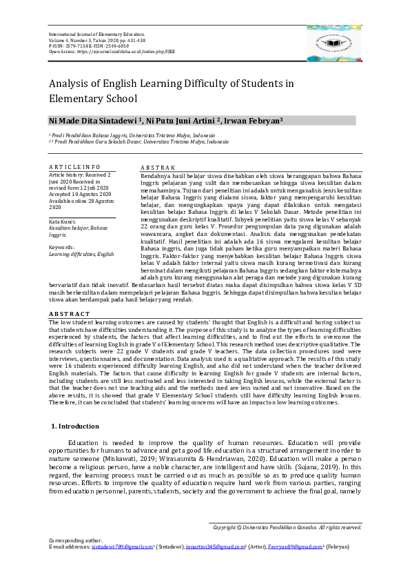 (PDF) Analysis of English Learning Difficulty of Students in Elementary ...