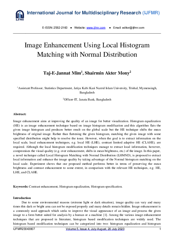 Pdf Image Enhancement Using Local Histogram Matching With Normal Distribution