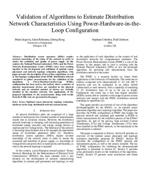 Pdf Validation Of Algorithms To Estimate Distribution Network Characteristics Using Power