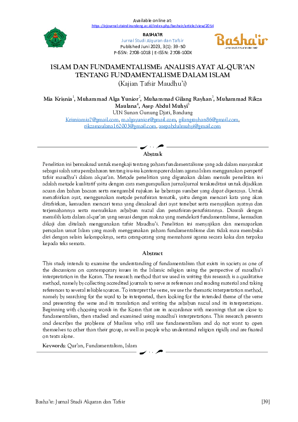 (PDF) Islam Dan Fundamentalisme: Analisis Ayat Al-Qur’An Tentang Fundamentalisme Dalam Islam