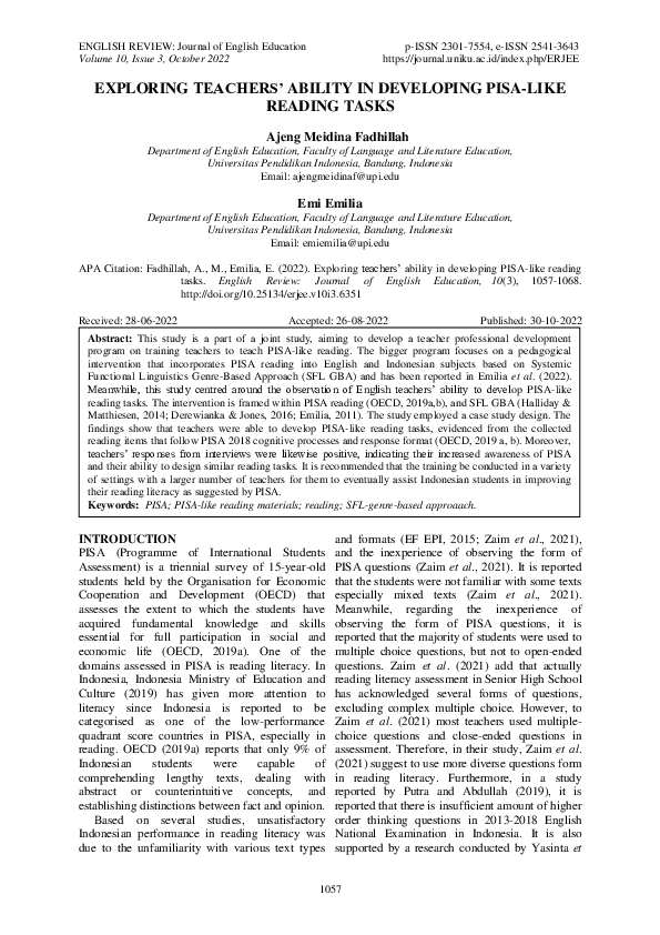 (PDF) Exploring Teachers’ Ability in Developing Pisa-Like Reading Tasks