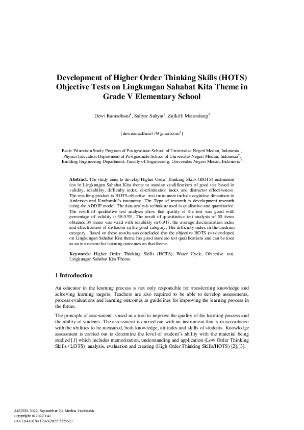 (PDF) Development of Higher Order Thinking Skills (HOTS) Objective ...