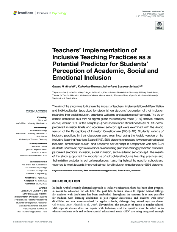 (PDF) Teachers’ Implementation of Inclusive Teaching Practices as a Potential Predictor for ...
