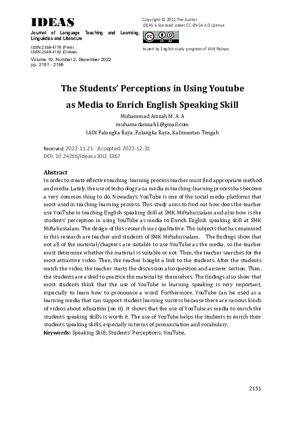 (PDF) The Students’ Perceptions in Using Youtube as Media to Enrich English Speaking Skill