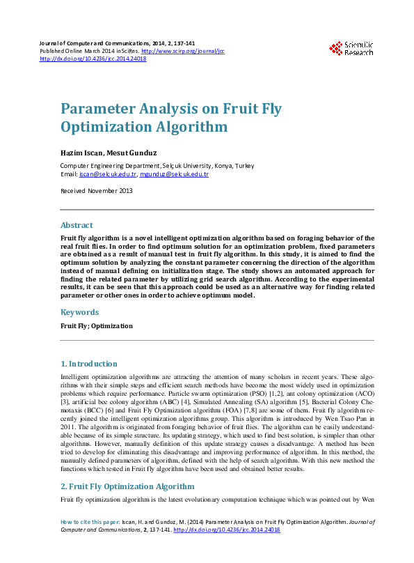 Pdf Parameter Analysis On Fruit Fly Optimization Algorithm Hazim İşcan 