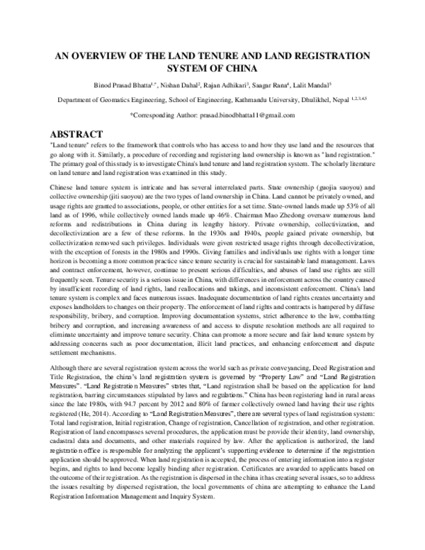 (PDF) AN OVERVIEW OF THE LAND TENURE AND LAND REGISTRATION SYSTEM OF CHINA