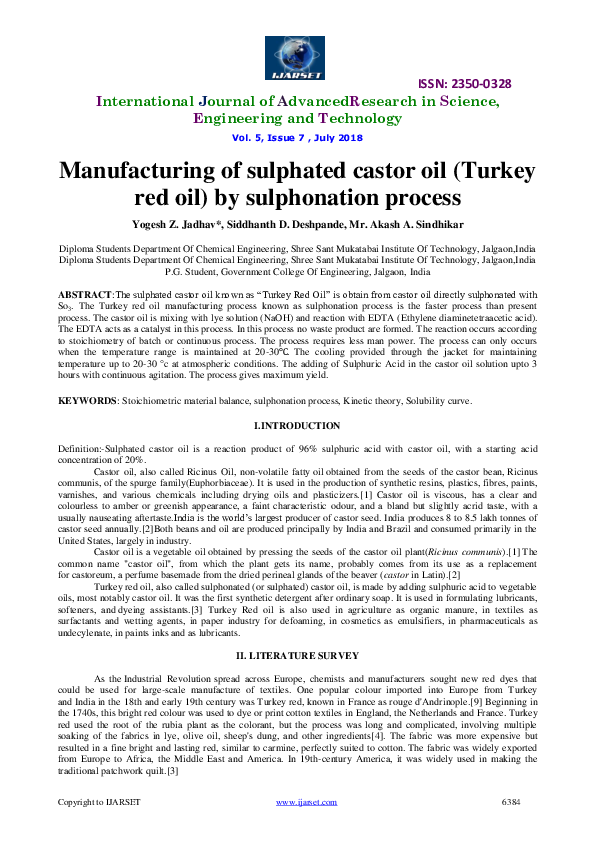 (PDF) Manufacturing of sulphated castor oil (Turkey red oil) by ...