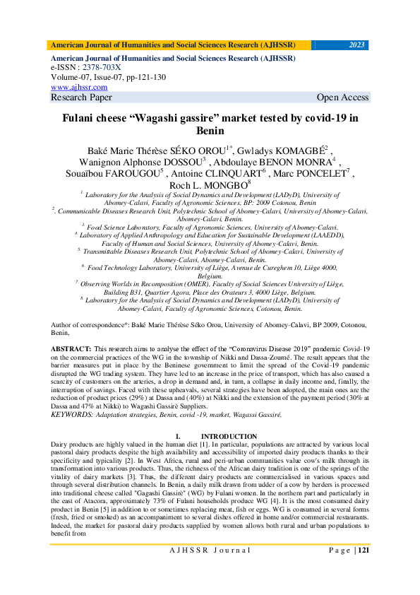 (PDF) Fulani cheese "Wagashi gassire" market tested by covid-19 in Benin