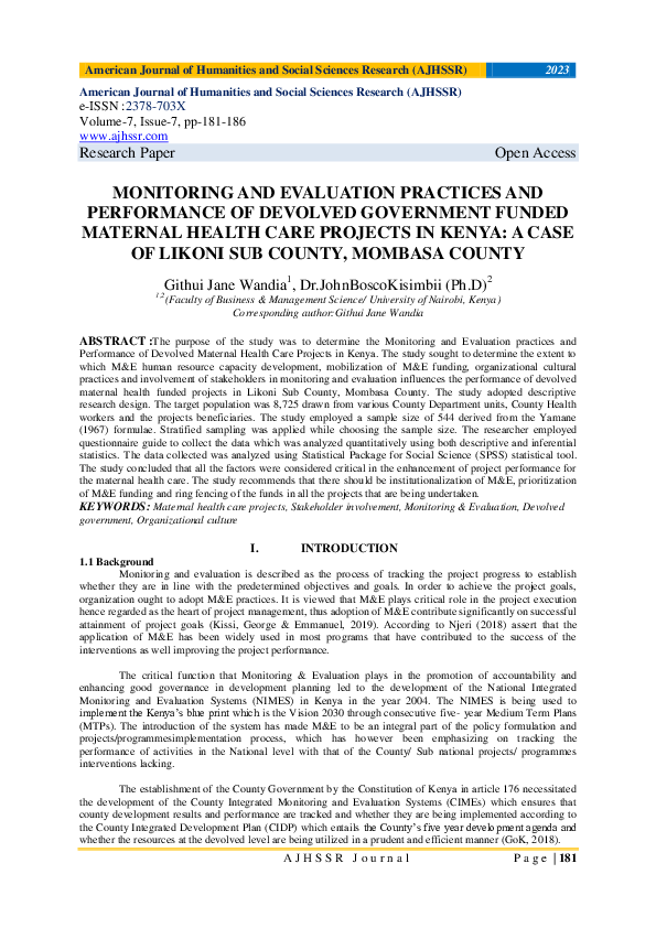 (PDF) MONITORING AND EVALUATION PRACTICES AND PERFORMANCE OF DEVOLVED GOVERNMENT FUNDED MATERNAL ...