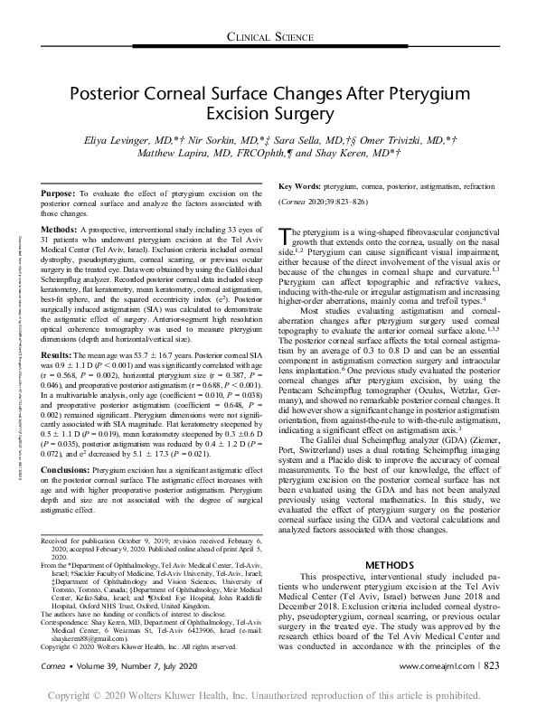 (PDF) Posterior Corneal Surface Changes After Pterygium Excision Surgery
