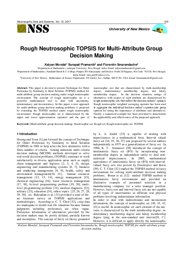 (PDF) Rough Neutrosophic Topsis For Multi-Attribute Group Decision Making