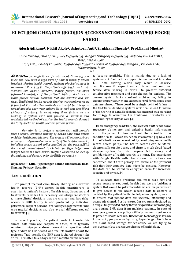 (PDF) Electronic Health Records Access System Using Hyperledger Fabric