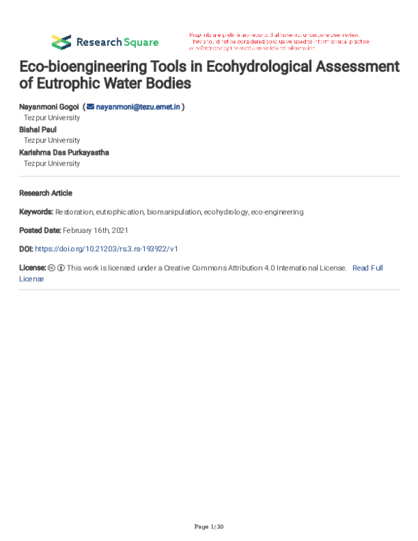 (PDF) Eco-bioengineering tools in ecohydrological assessment of eutrophic water bodies