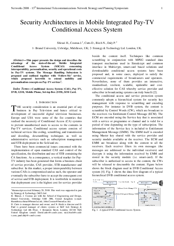 (PDF) Security architectures in mobile integrated pay-TV conditional access system