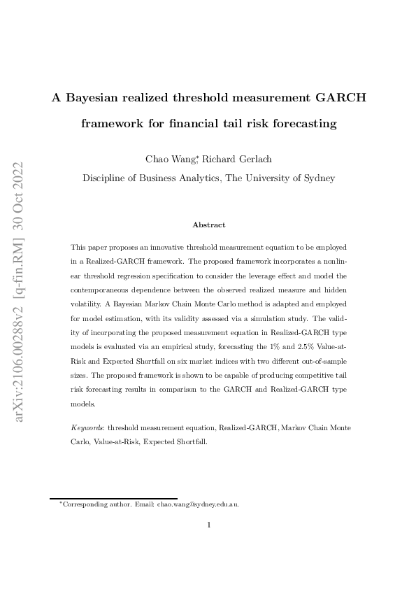 (PDF) A Bayesian realized threshold measurement GARCH framework for ...