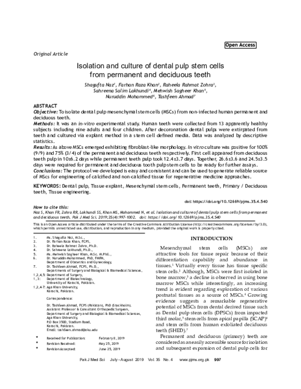 (PDF) Isolation and culture of dental pulp stem cells from permanent ...