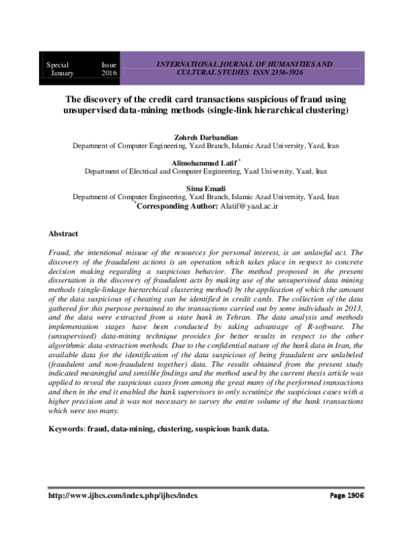 (PDF) The discovery of the credit card transactions suspicious of fraud using unsupervised data ...