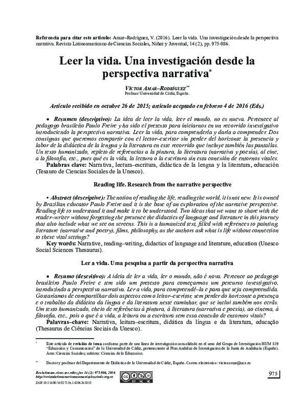 (PDF) Leer la vida. Una investigación desde la perspectiva narrativa