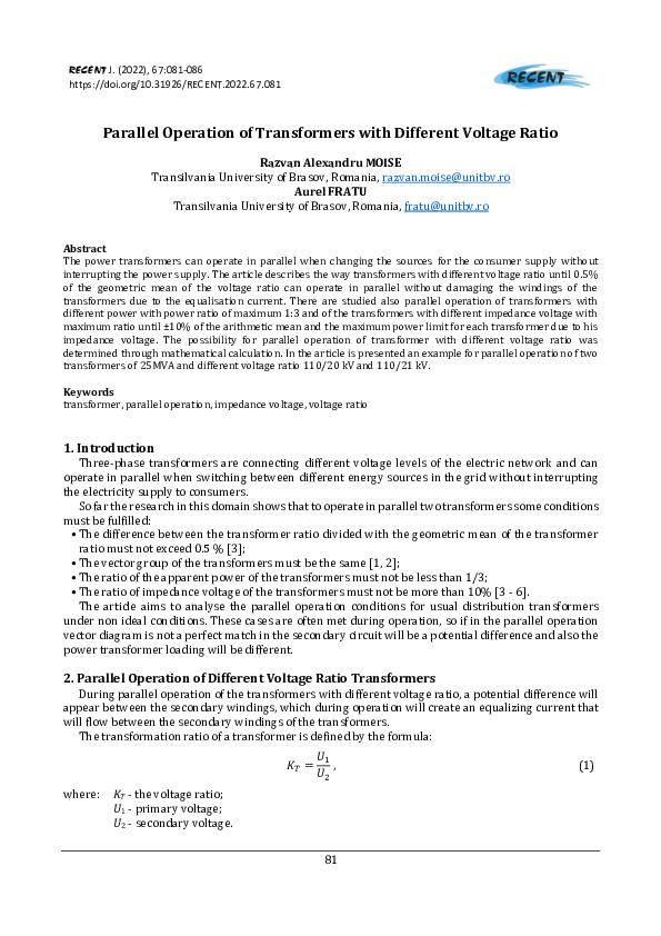 (PDF) Parallel Operation of Transformers with Different Voltage Ratio