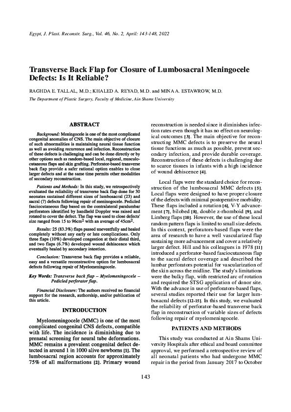 (PDF) Transverse back flap for closure of lumbosacral meningocele ...