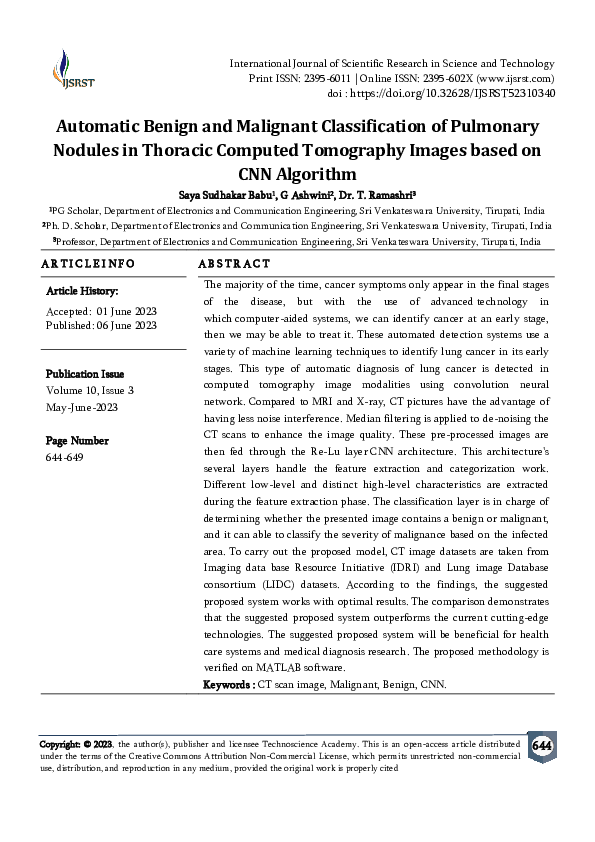 Pdf Automatic Benign And Malignant Classification Of Pulmonary Nodules In Thoracic Computed