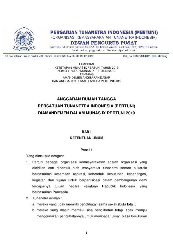 (PDF) ANGGARAN RUMAH TANGGA PERSATUAN TUNANETRA INDONESIA (PERTUNI) DIAMANDEMEN DALAM MUNAS IX ...