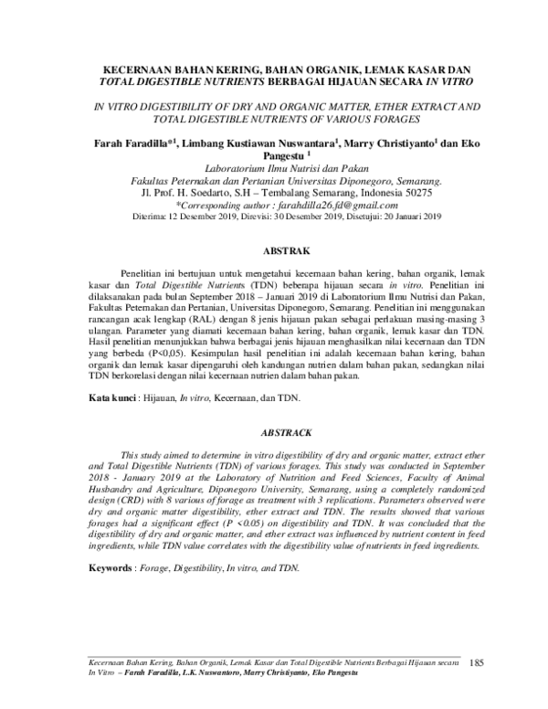 (PDF) Kecernaan Bahan Kering, Bahan Organik, Lemak Kasar Dan Total Digestible Nutrients Berbagai ...