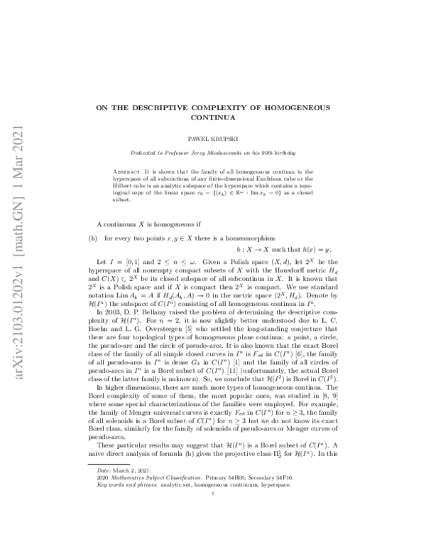 (PDF) On the descriptive complexity of homogeneous continua