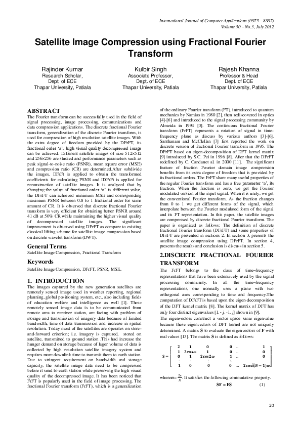 Pdf Satellite Image Compression Using Fractional Fourier Transform