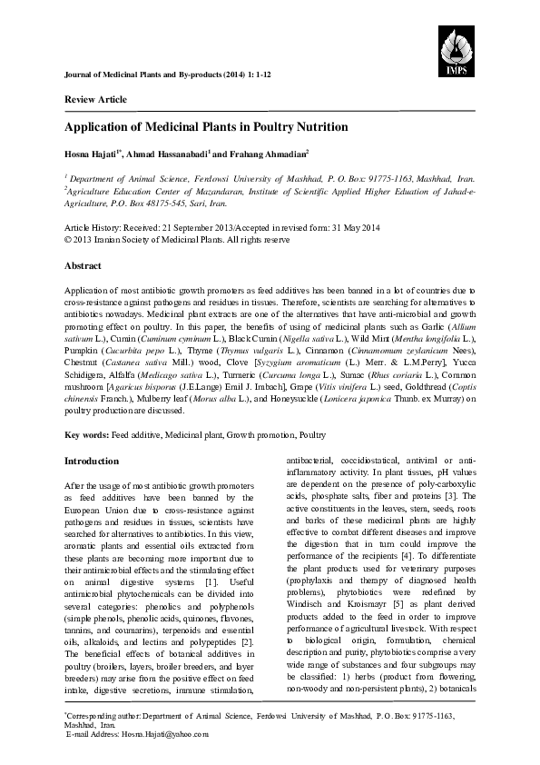 (PDF) Application of Medicinal Plants in Poultry Nutrition