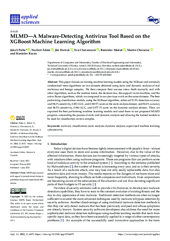 Pdf Mlmd—a Malware Detecting Antivirus Tool Based On The Xgboost Machine Learning Algorithm