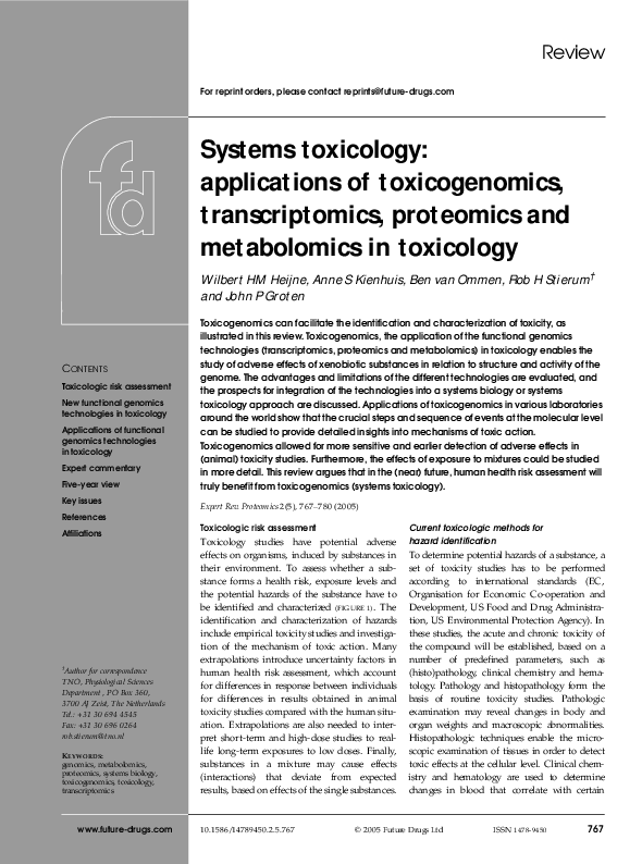 (PDF) Systems toxicology: applications of toxicogenomics ...