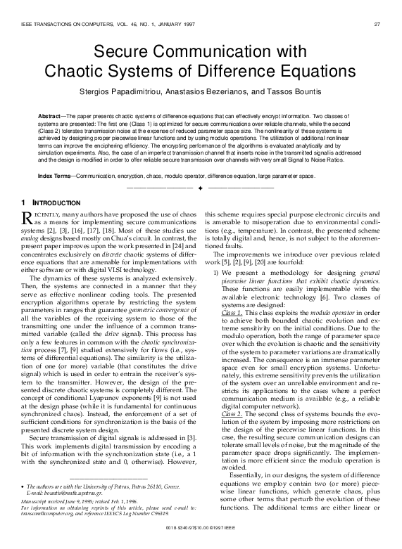 (PDF) Secure communication with chaotic systems of difference equations