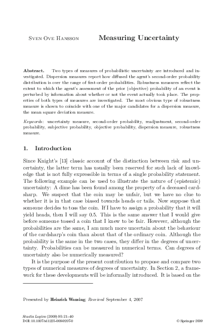 (PDF) Measuring Uncertainty | Sven Hansson - Academia.edu