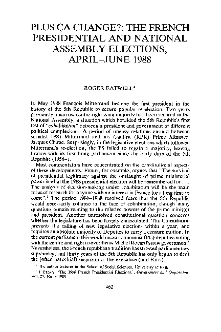 (PDF) Plus Ca Change?: The French Presidential and National Assembly ...