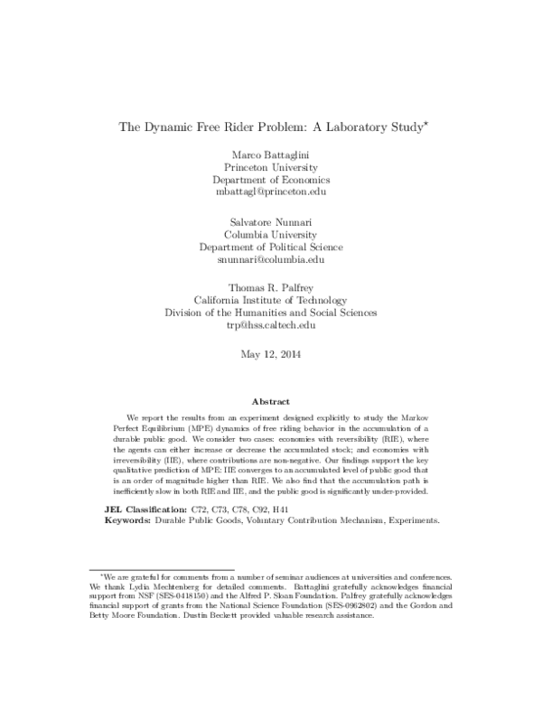 (PDF) The Dynamic Free Rider Problem: A Laboratory Study