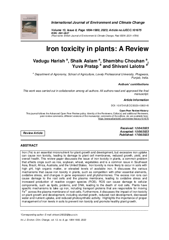 Pdf Iron Toxicity In Plants A Review